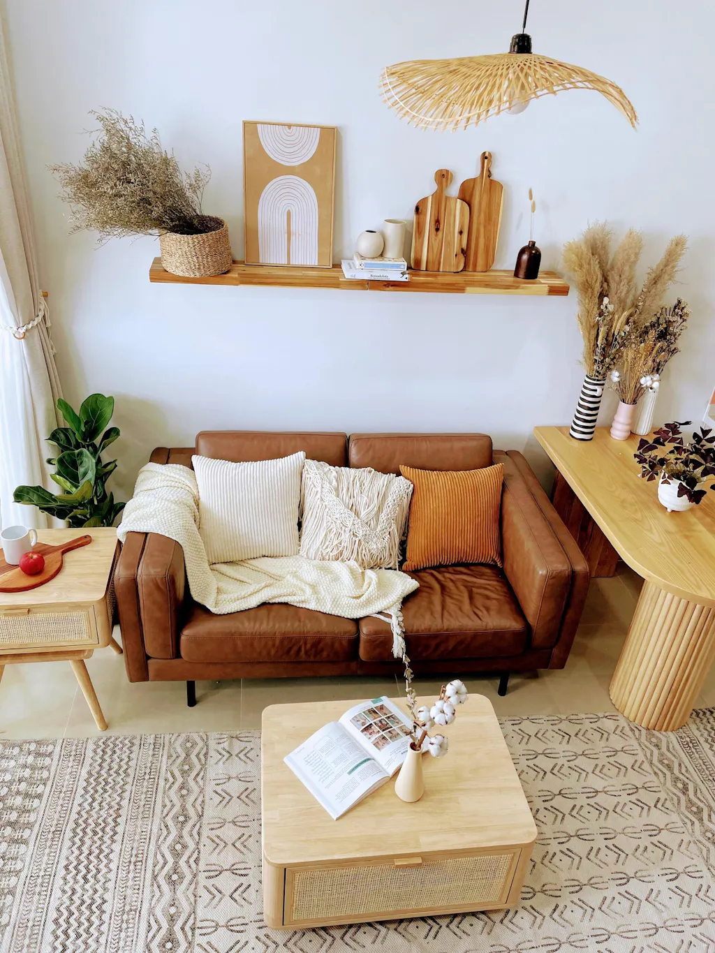 Natural Wood Cane Coffee Table with Storage | Small Rattan Table