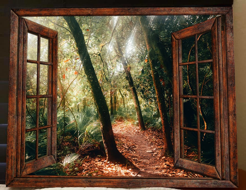 Hayooo Canvas Gorgeous Forest Scenery Through Faux Window Wall Art For ...