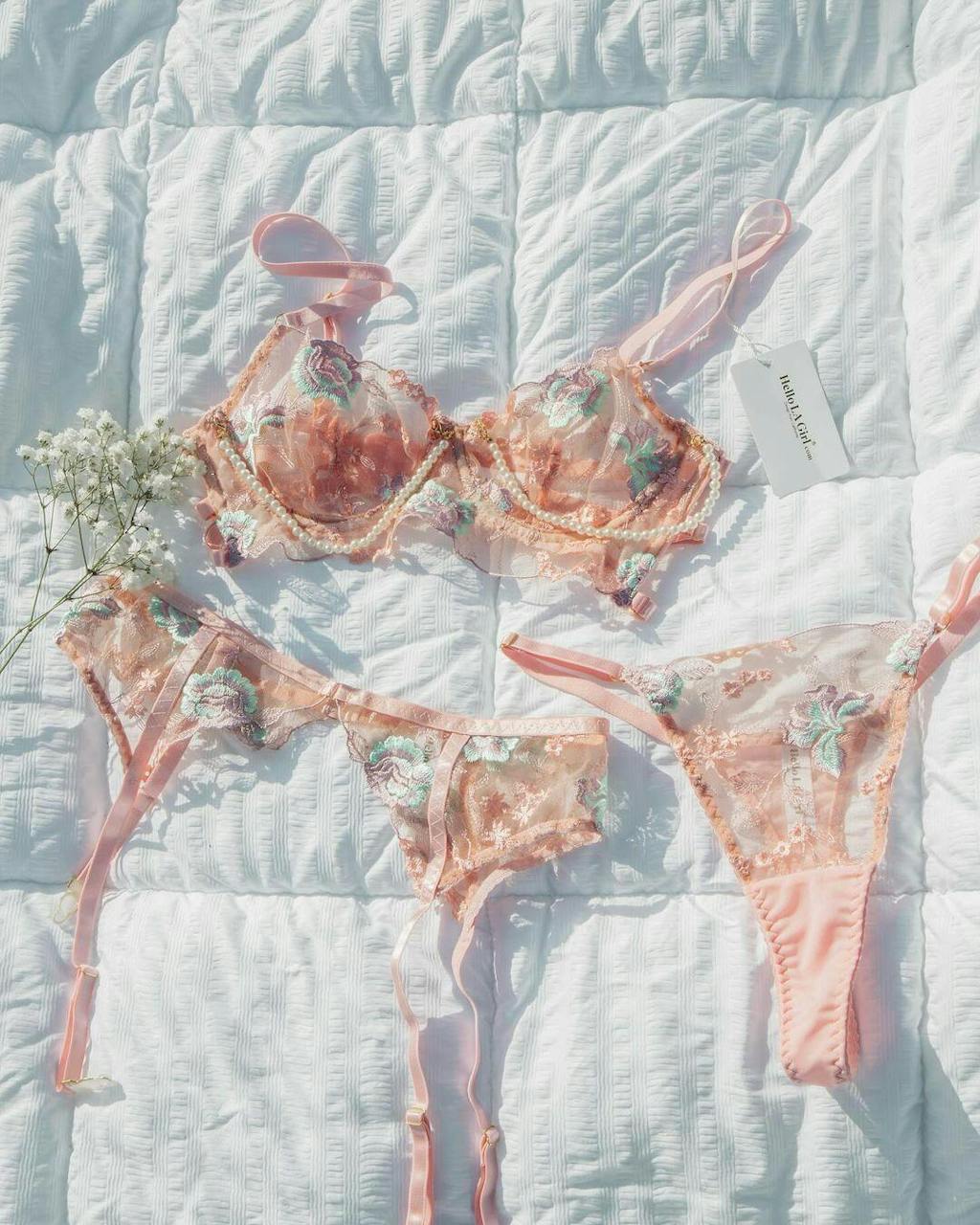 Pink Floral Embroidery Pearl Chain Lingerie Set |HelloLAGirl – Hello.LA ...