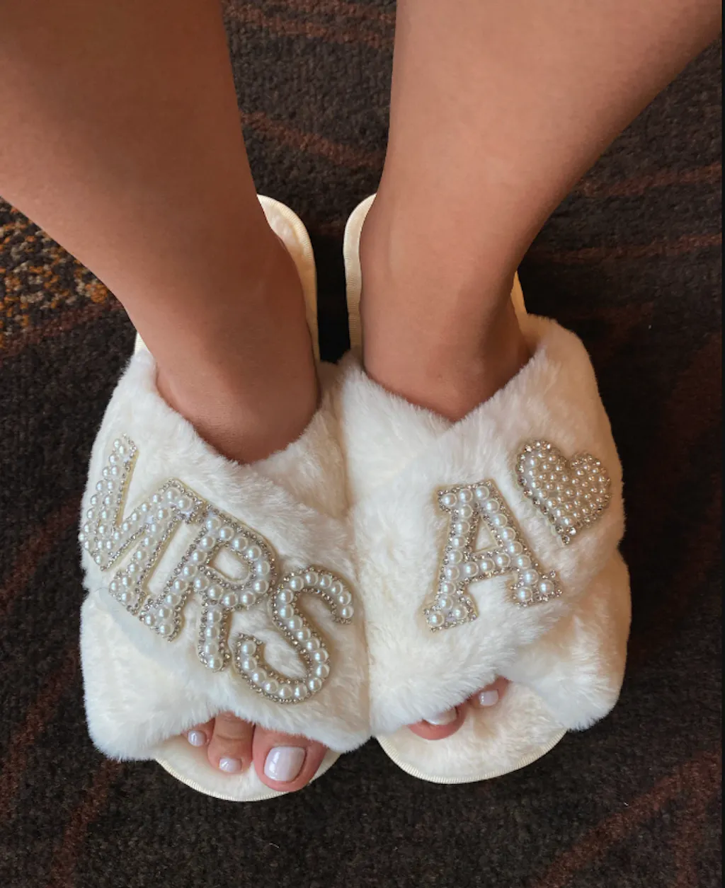Personalized Pearl Rhinestone Bride Slippers | HundredHearts
