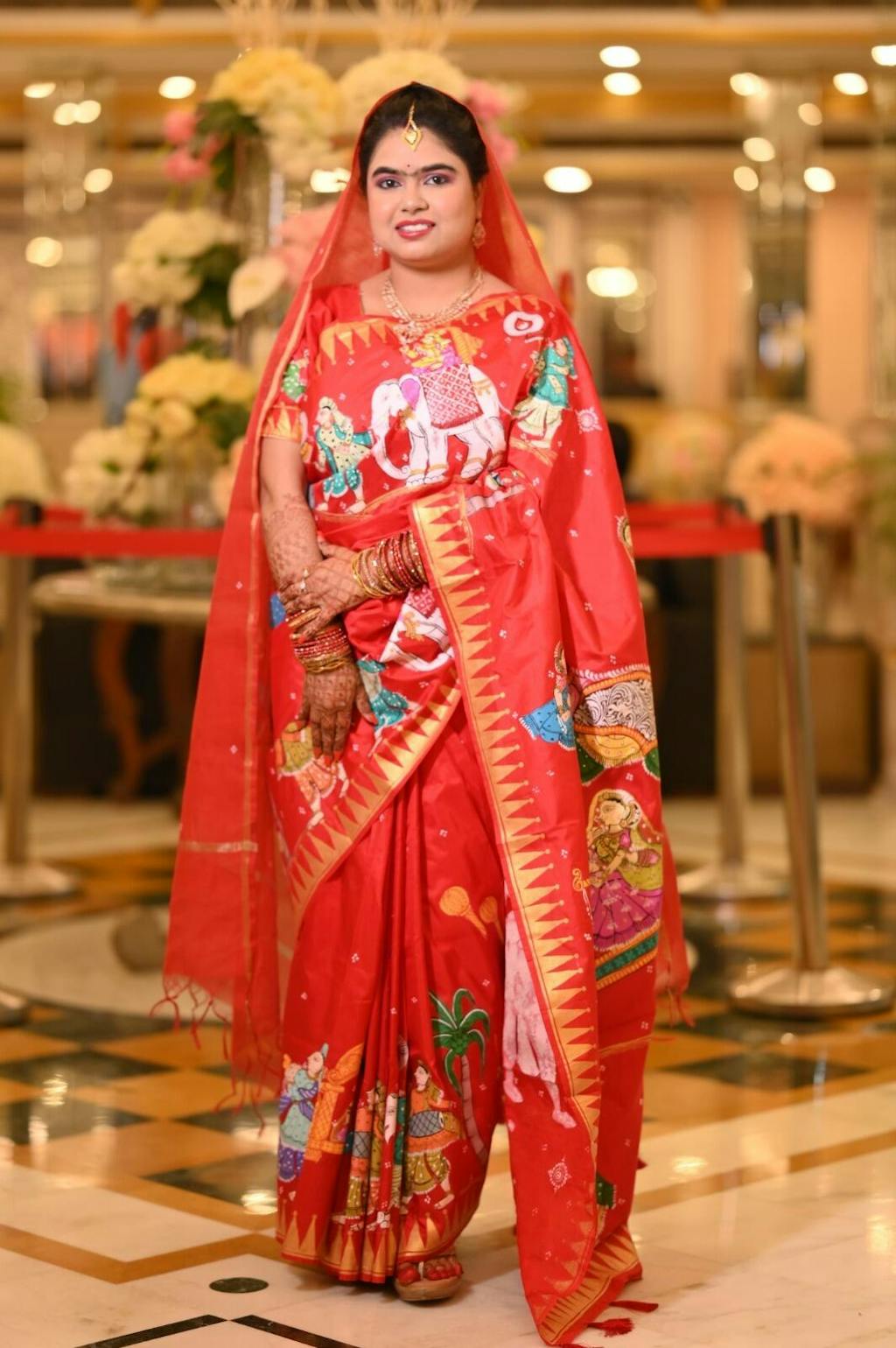 Red Doli Barat Theme Pattachitra Art on Pure Mulberry Silk Saree ...