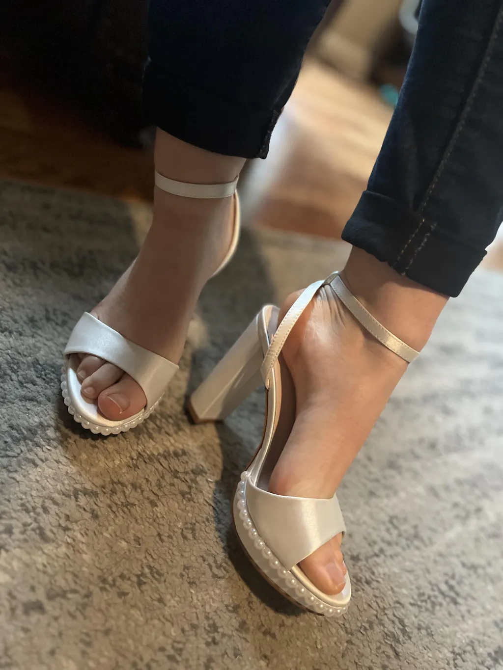 White Satin Platform Block Heel Wedding Sandals with Pearls, Bridal ...