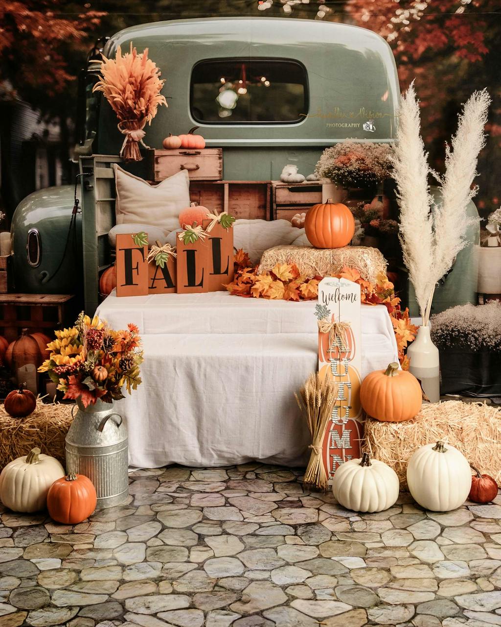 Rustic Autumn Harvest Vintage Truck Backdrop