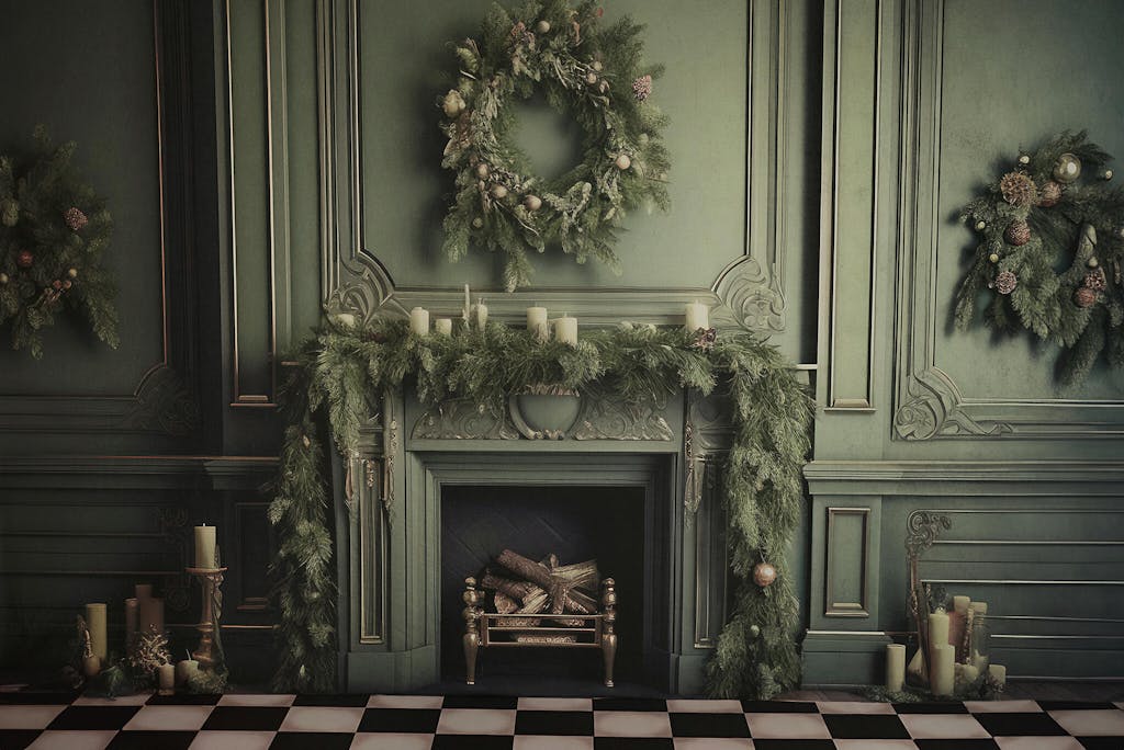 Vintage Elegant Green Festive Fireplace Backdrop