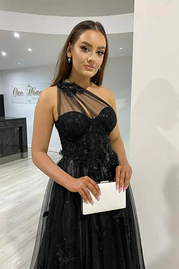 A Line One Shoulder Black Long Prom Dress with Appliques | KissProm