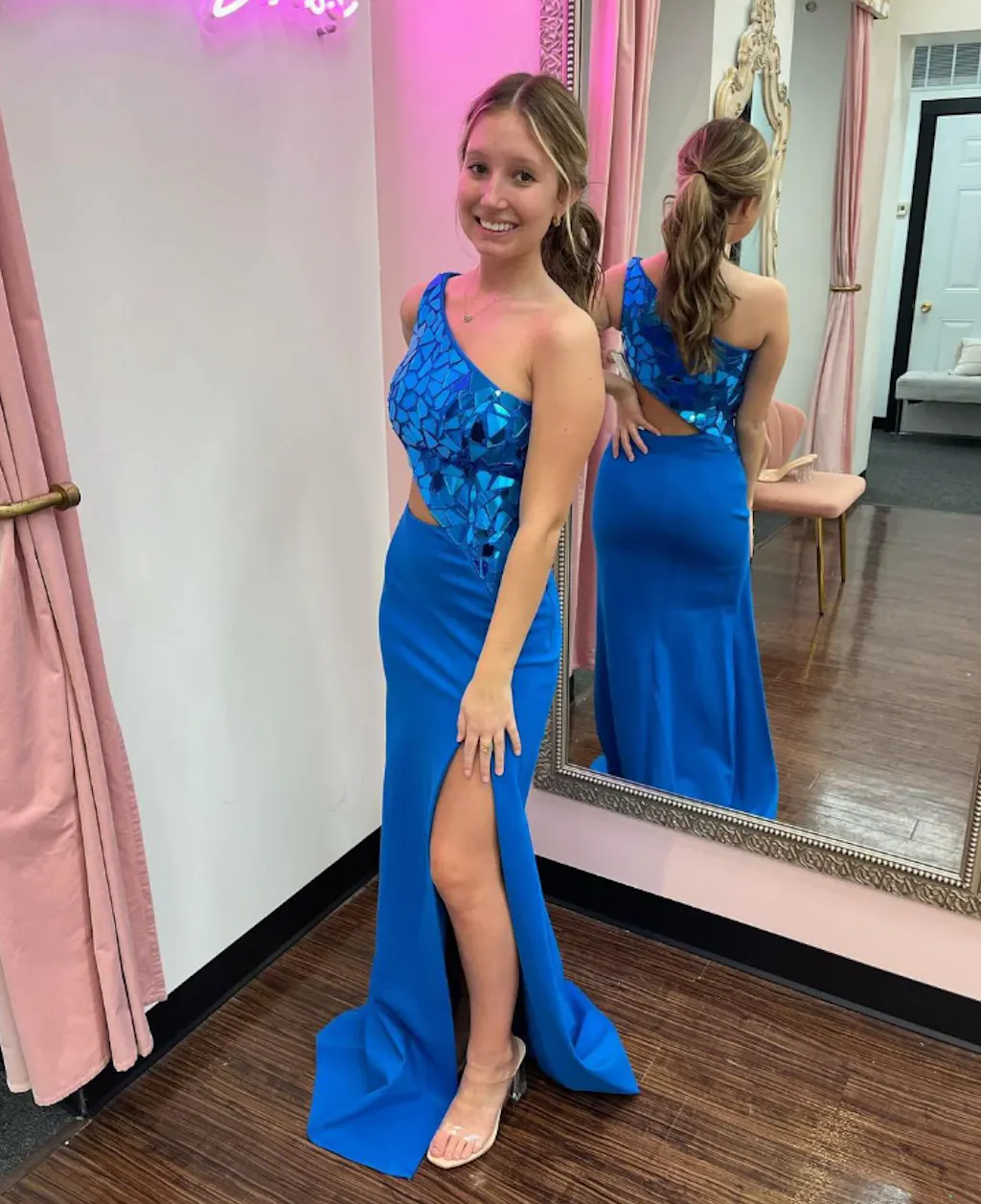 Ashley Red long Sheath One Shoulder Cut Mirror Sequins Prom Dress with ...