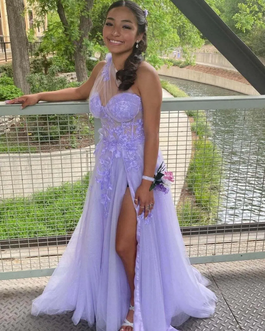 A Line One Shoulder Black Long Prom Dress with Appliques | KissProm