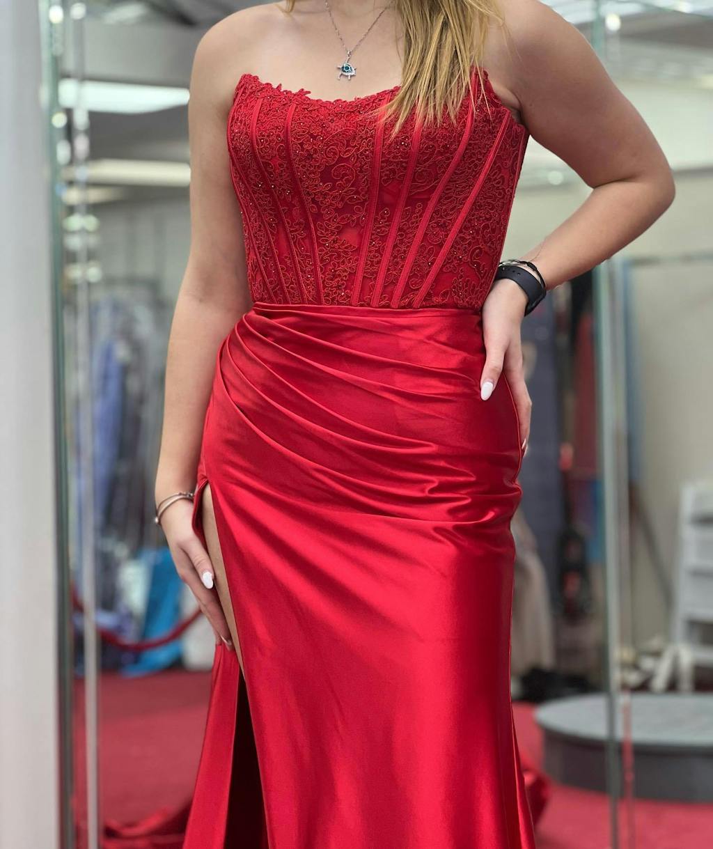 Arielle Red Sheath Strapless Corset Satin Prom Dress with Slit and ...