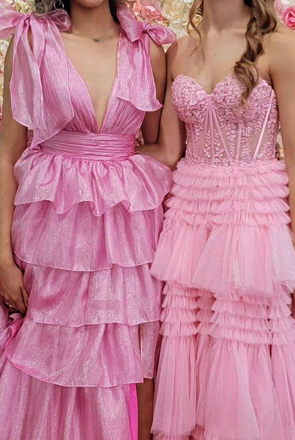August | Glitter Tie Straps Pink Plunging Neck Tiered Long Prom Dress | KissProm