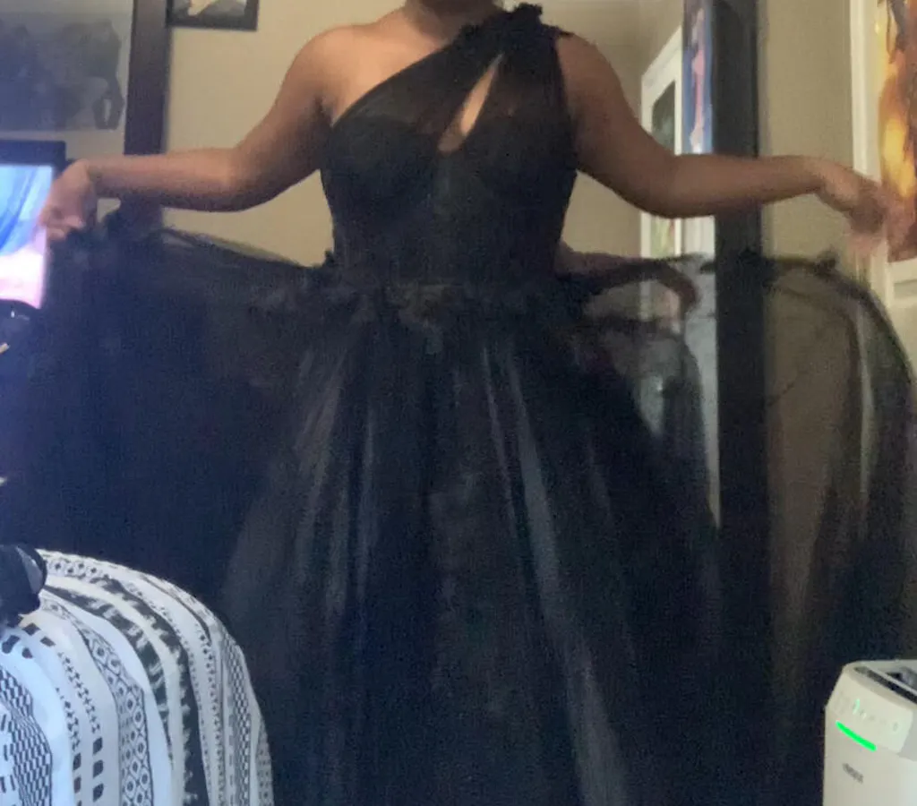 A Line One Shoulder Black Long Prom Dress with Appliques | KissProm