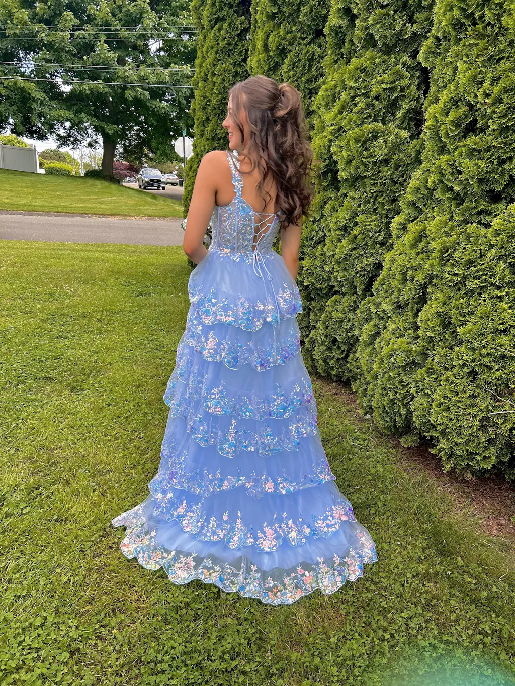 Capri | A-Line Lace Off-the-Shoulder Tiered Long Prom Dress with Slit ...