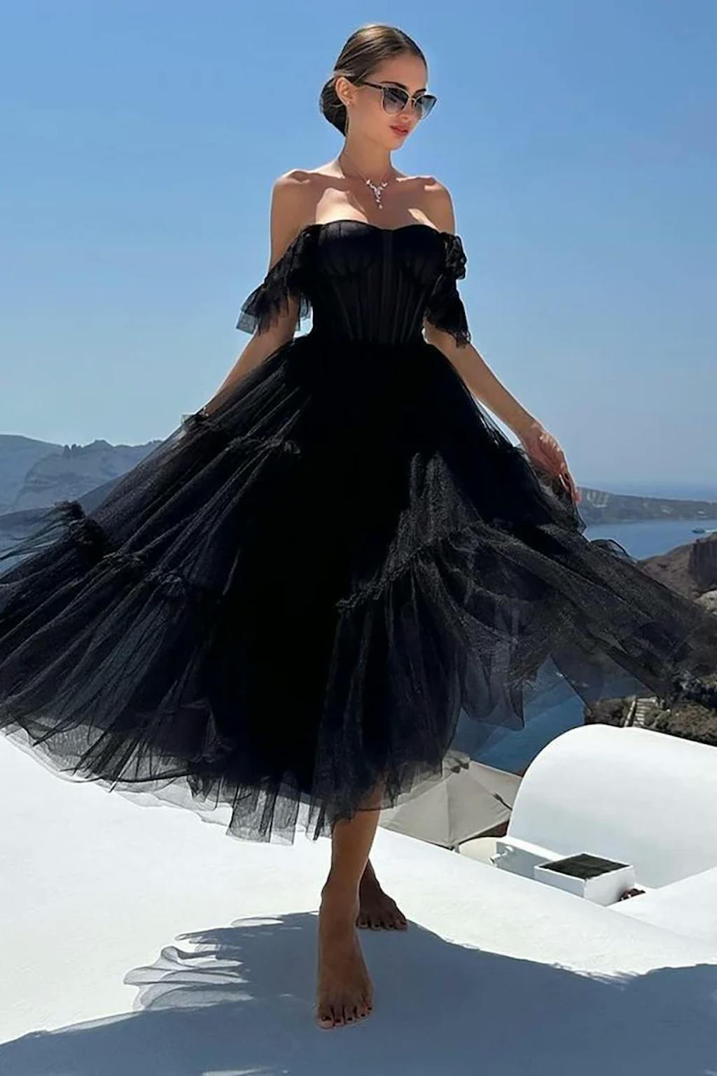 Black Ruffled Tulle Midi Dress