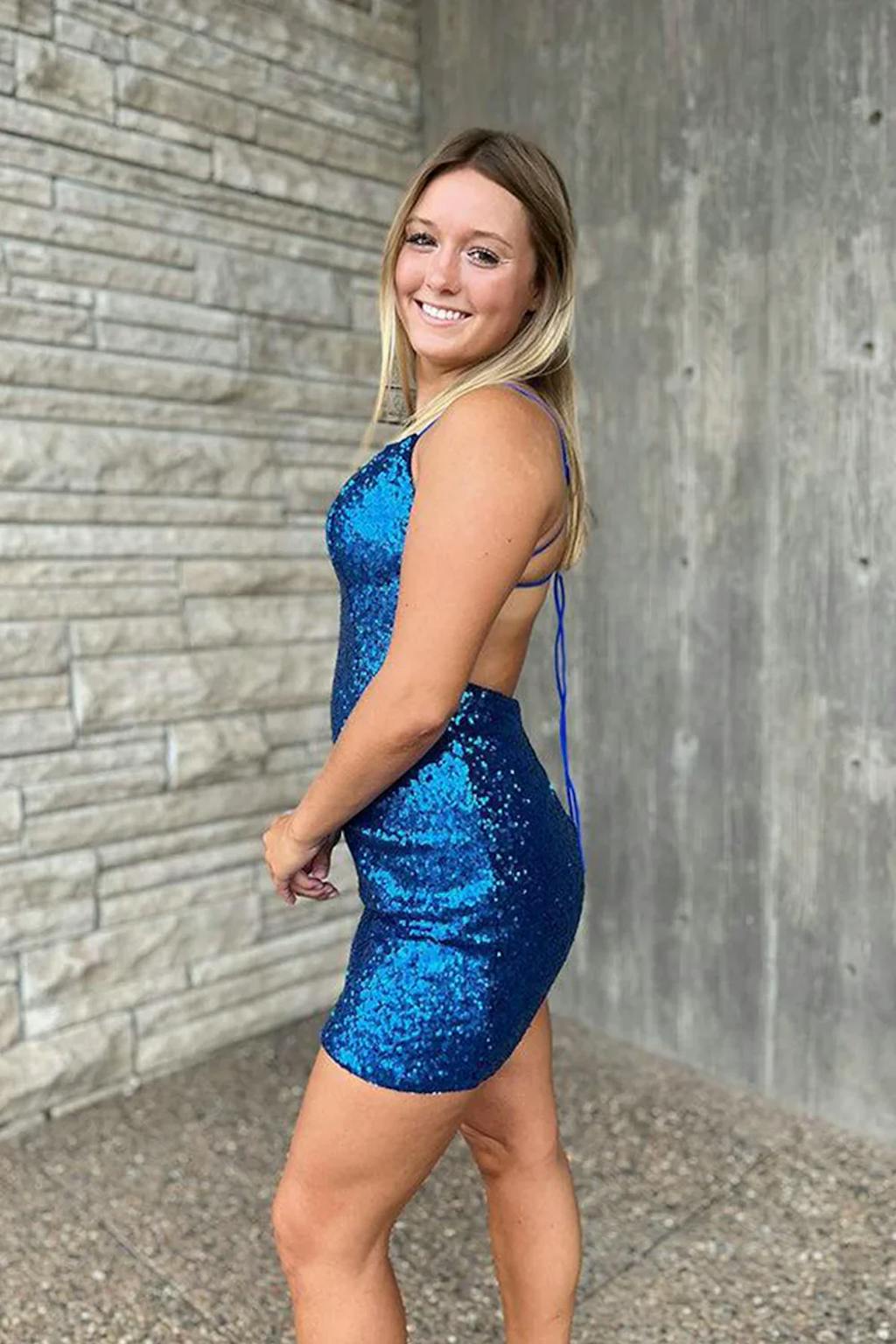 Esme Glitter Sequin Spaghetti Straps Lace Up Tight Homecoming Dress