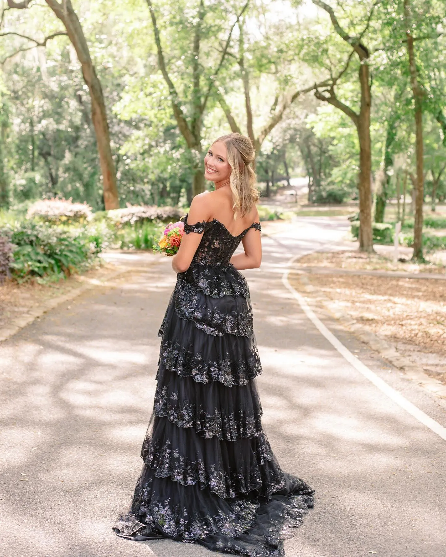Capri | A-Line Lace Off-the-Shoulder Tiered Long Prom Dress with Slit