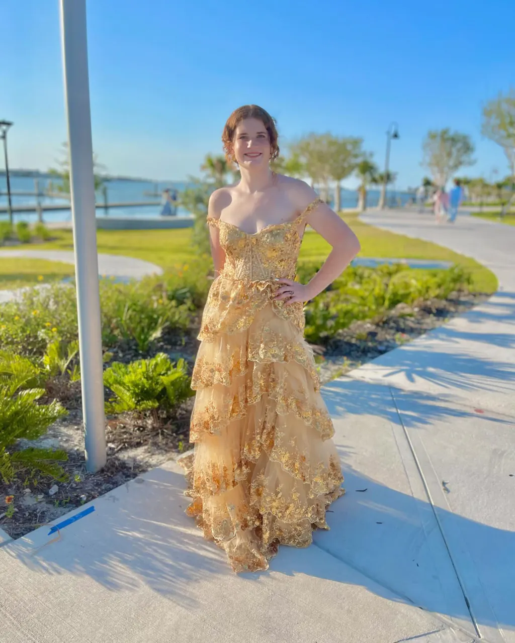 Capri | A-Line Lace Off-the-Shoulder Tiered Long Prom Dress with Slit
