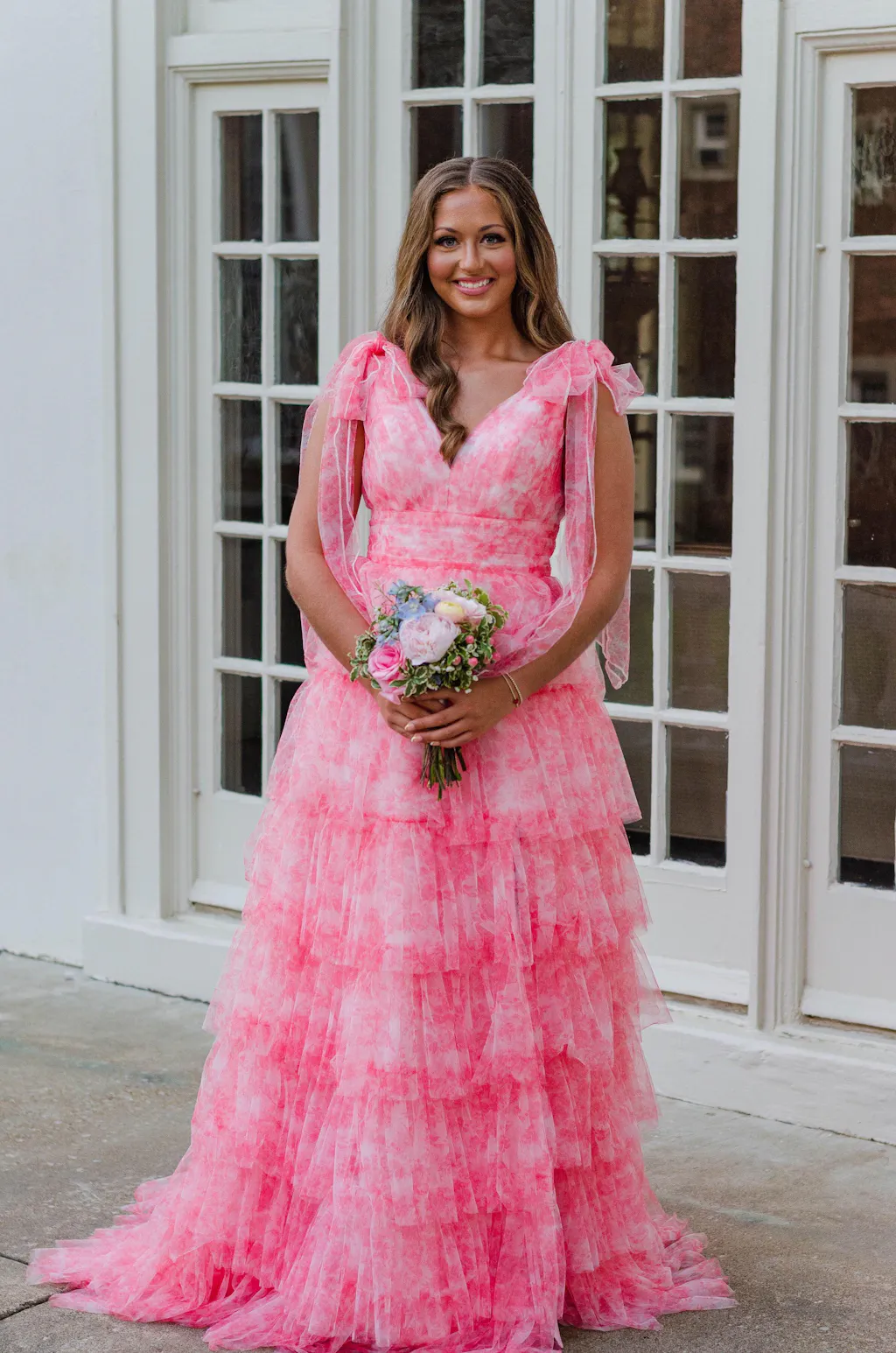 V-Neck Tie Straps Red Floral Print Layered Long Prom Dress