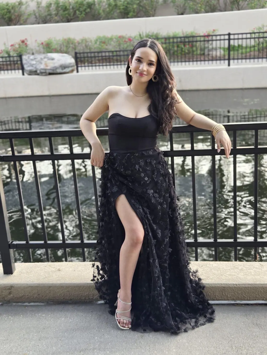 A-Line Strapless 3D Flowers Black Long Prom Dresses with Slit