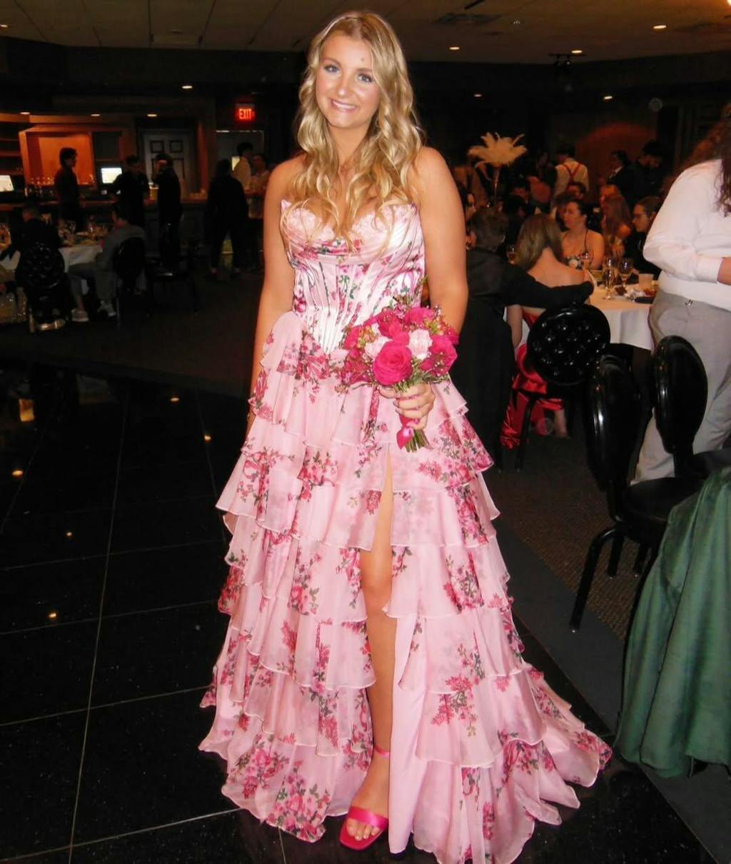 Haruko | A-Line Blush Strapless Chiffon Floral Ruffled Prom Dress With ...