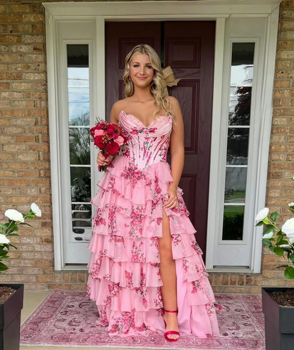 Haruko | A-Line Blush Strapless Chiffon Floral Ruffled Prom Dress With ...