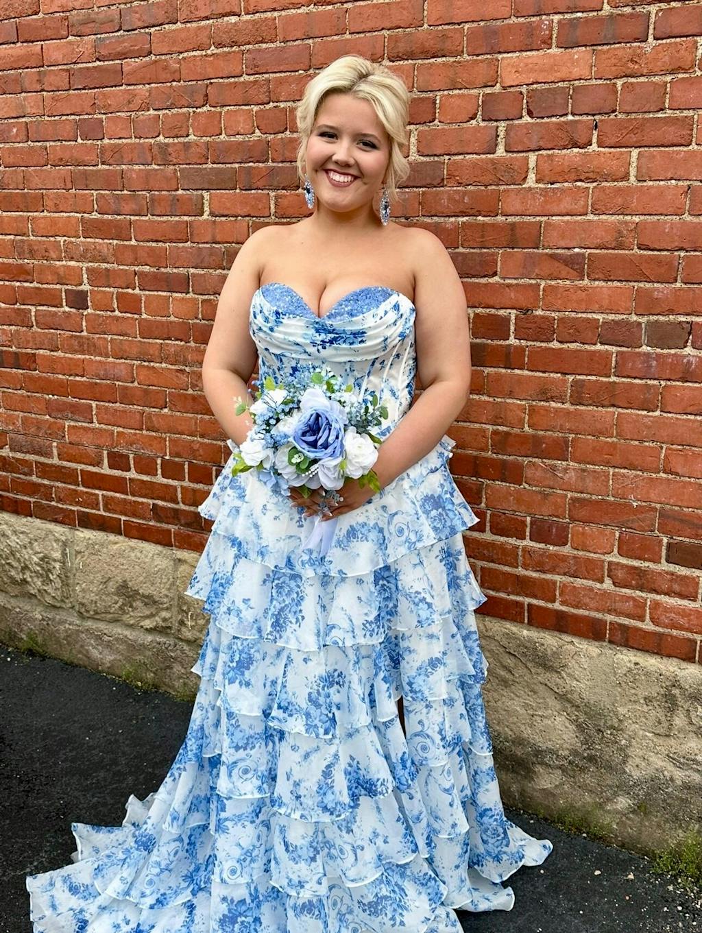 Haruko | A-Line Blush Strapless Chiffon Floral Ruffled Prom Dress With ...