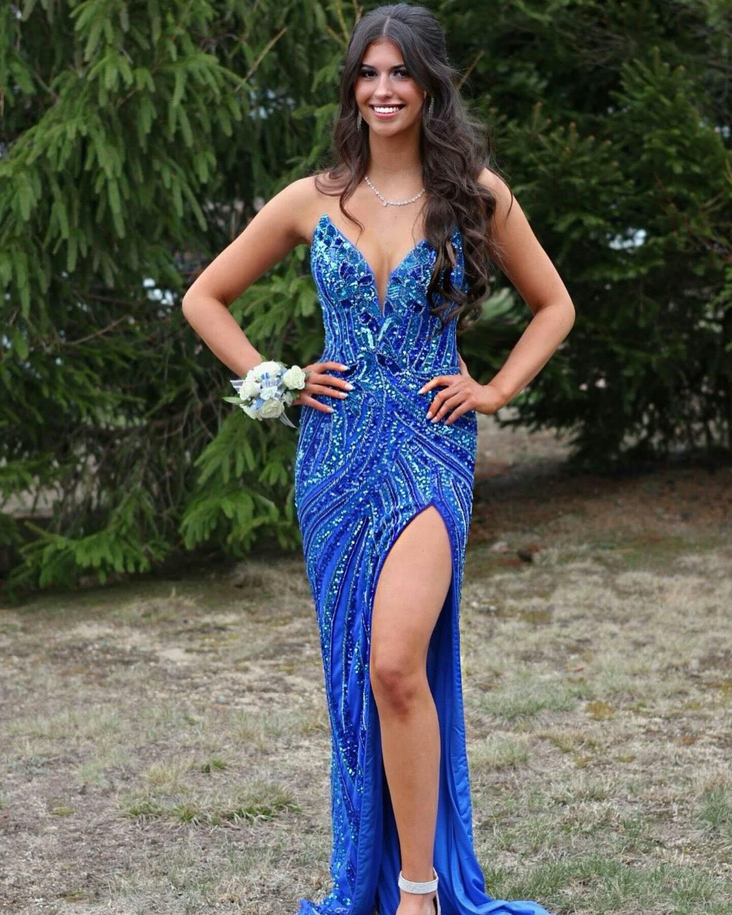 Red Strapless Mermaid Sequined Long Formal Prom Dresses With Slit