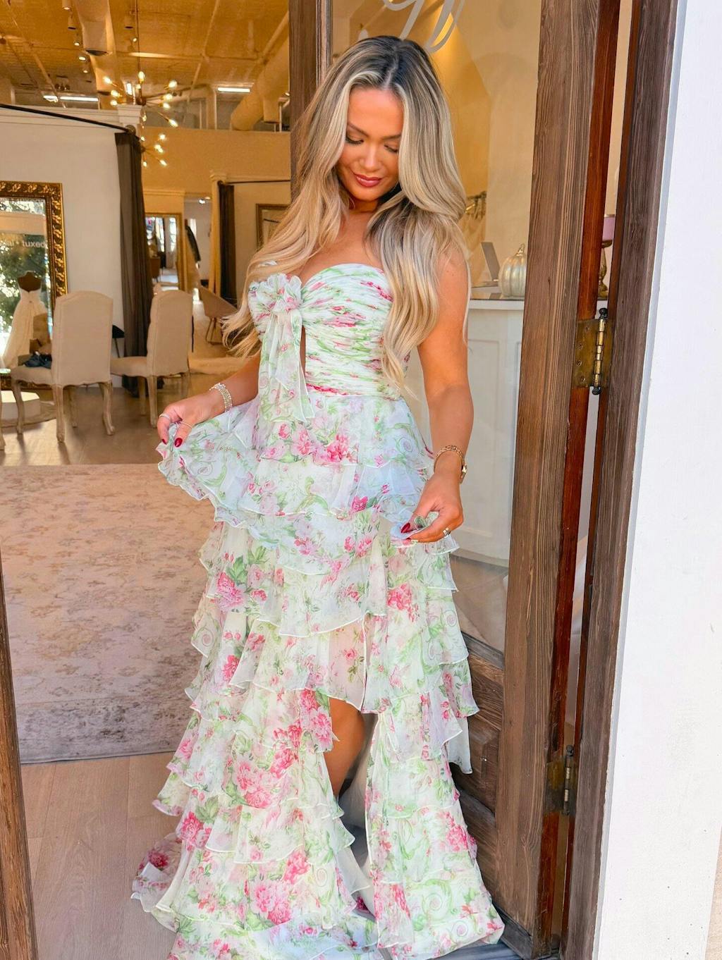 Hot Pink A Line Strapless Floral Chiffon Ruffled Long Prom Dresses Wit