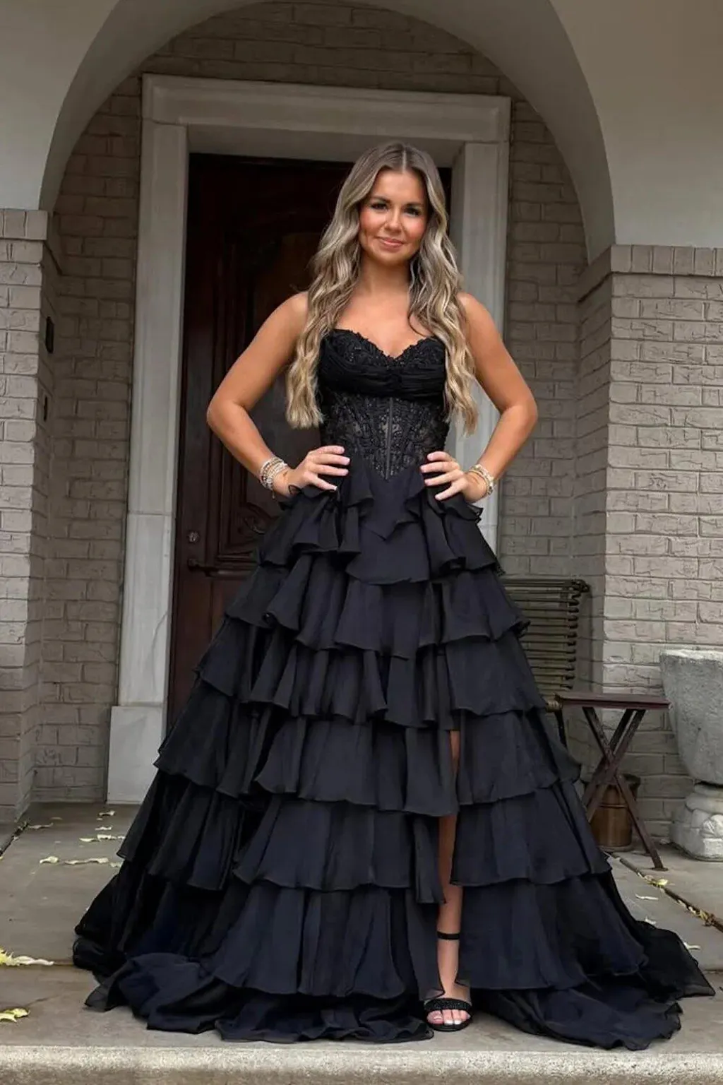Azure - Strapless A Line Chiffon Ruffled Prom Dresses With Appliques