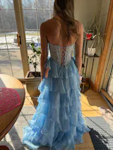 Azure - Strapless A Line Chiffon Ruffled Prom Dresses With Appliques