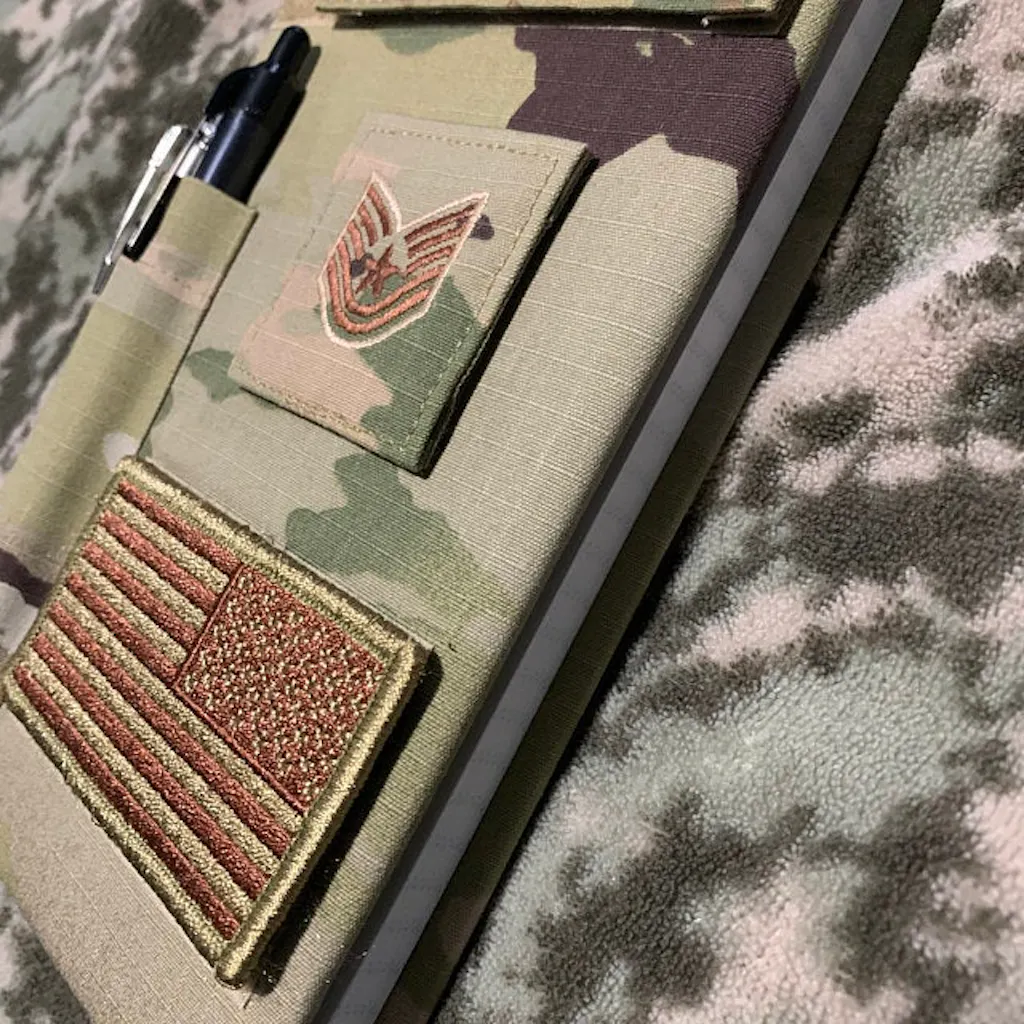 Military book cover for green journal with loop tape for patches | Mil ...