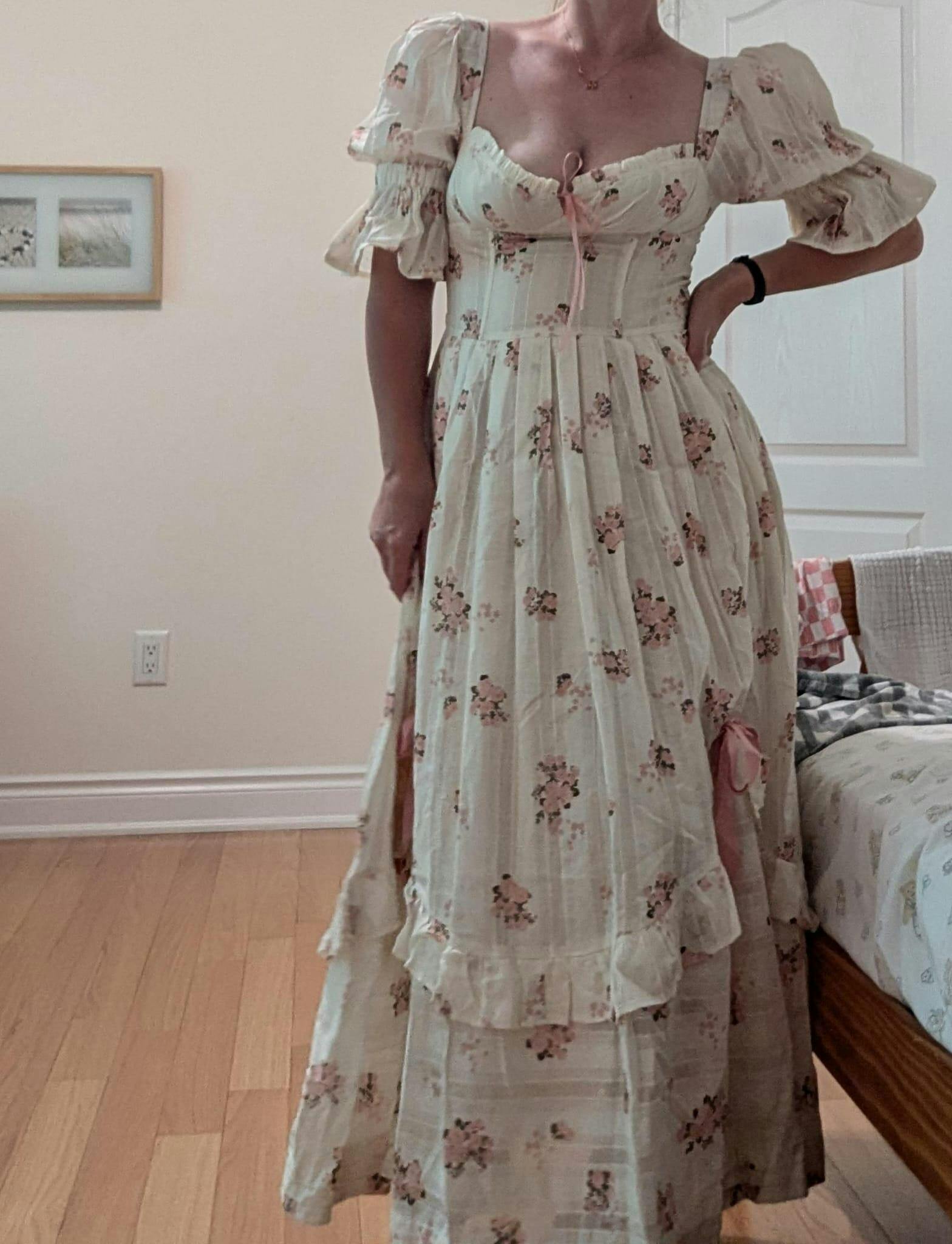 French Style Rose Corset Midi Dress in White | LaceMade