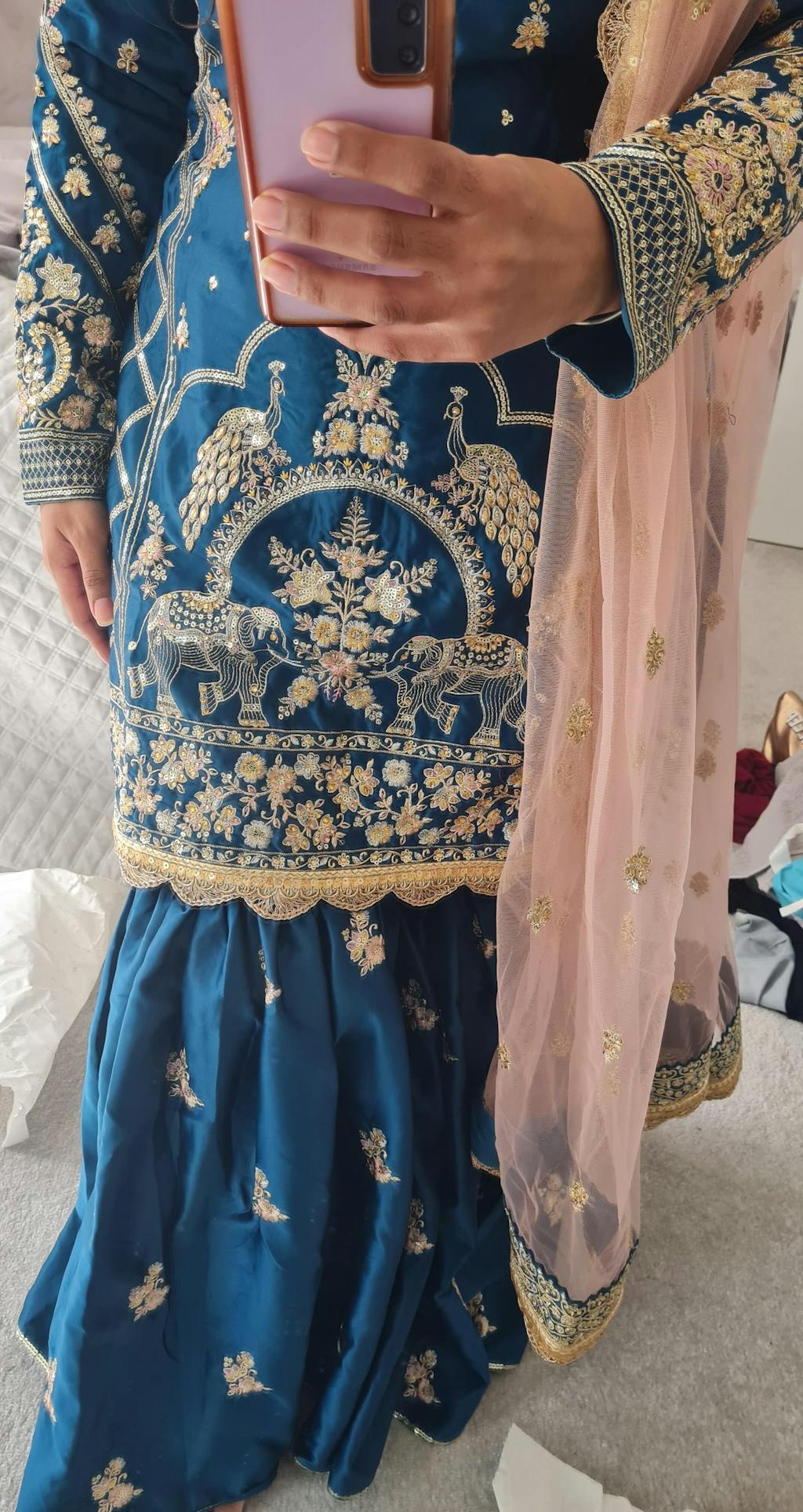 Teal and Peach Embroidered Gharara Suit | Lashkaraa