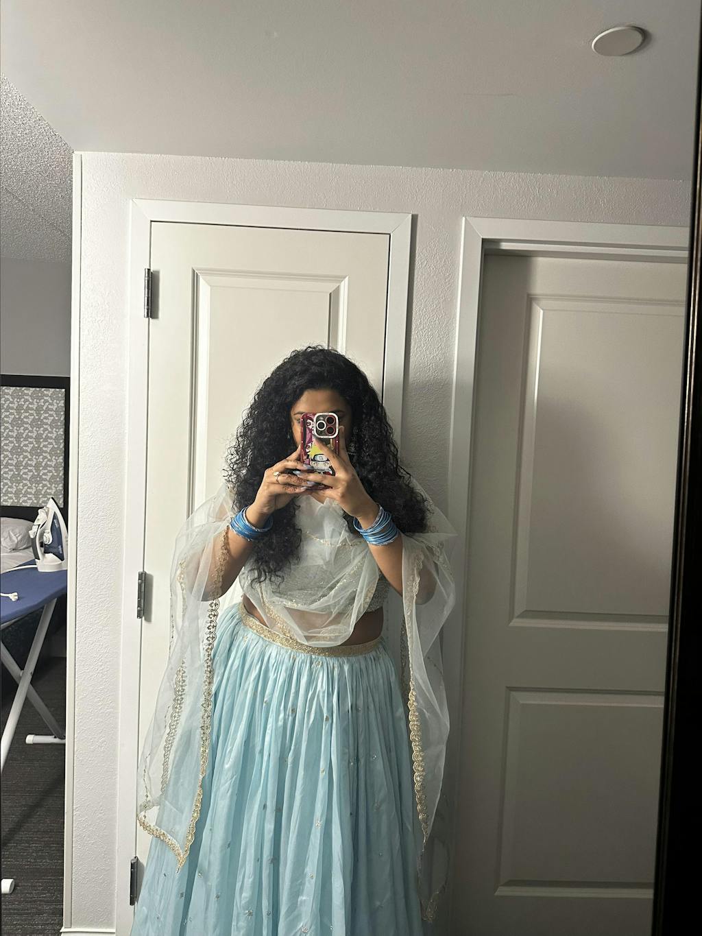 Light Dusty Blue Embroidered Organza Lehenga – Lashkaraa