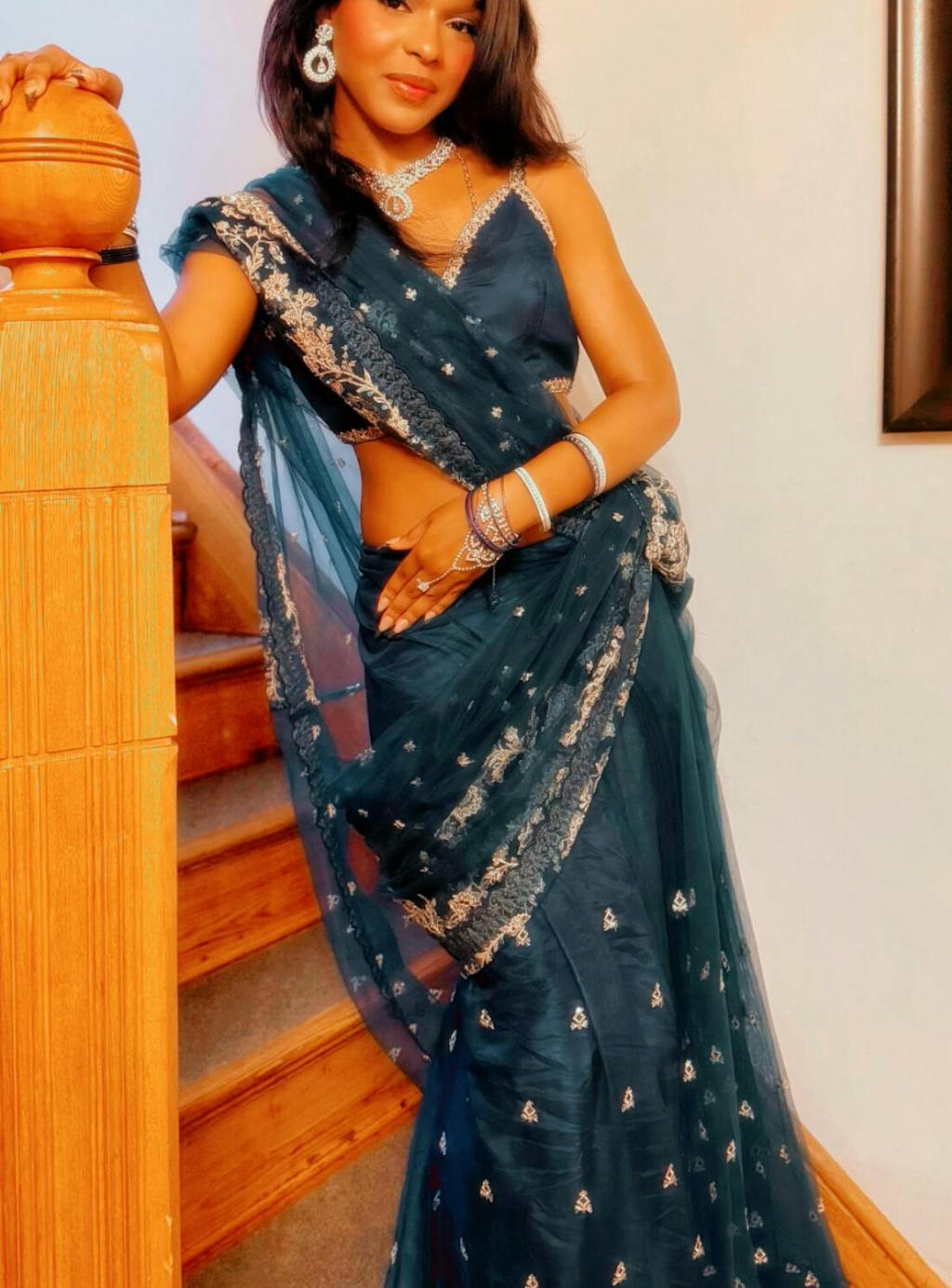 Teal Blue Embroidered Net Saree – Lashkaraa