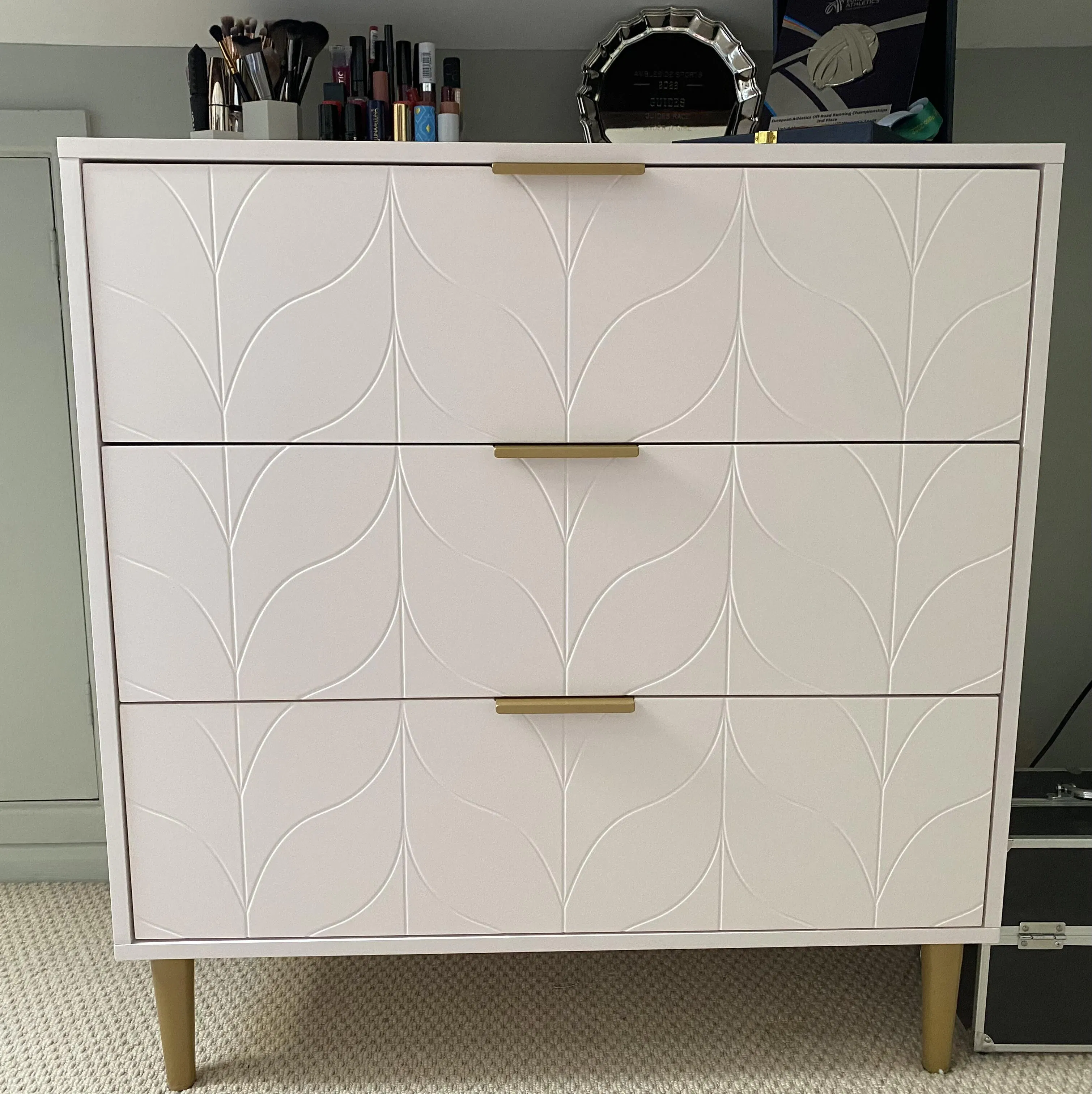 Gloria 3 Drawer Chest of Drawers- Grey & Brass Effect – Laura James Ireland