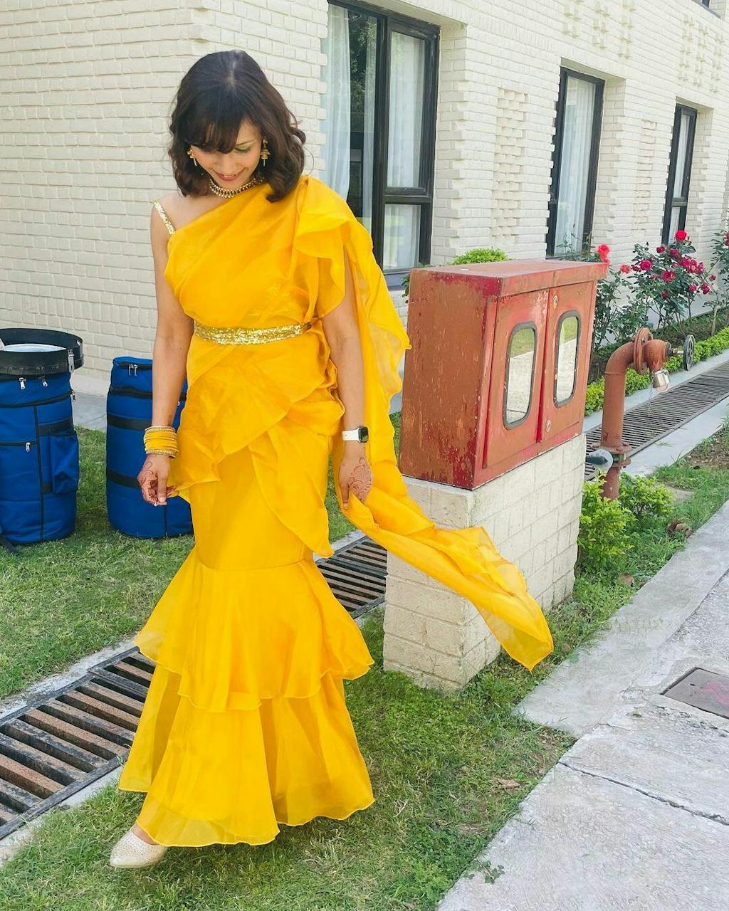 Yellow Sequin Organza Ruffled Saree