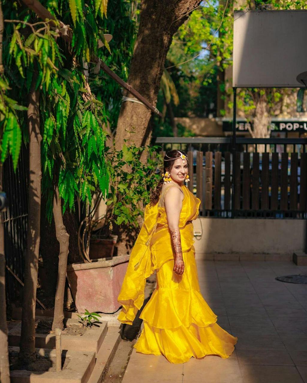 Shop Yellow Sequin Organza Ruffled Saree - Lavanya The Label