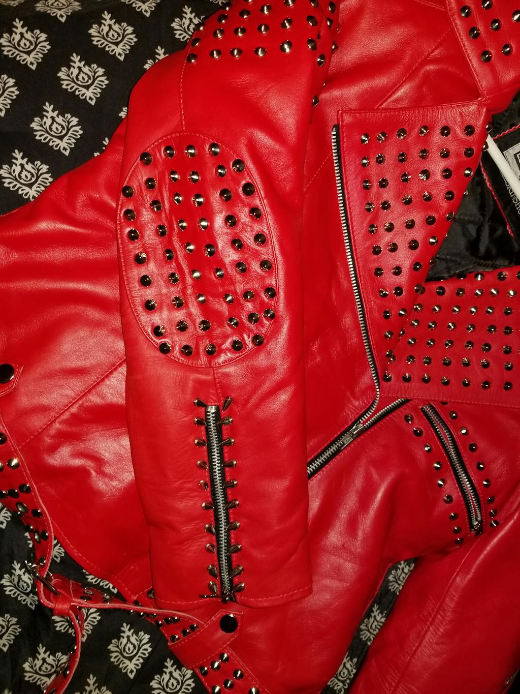Women Red Leather Jacket with Cone and Tree Spike Studs - Leather Skin Shop