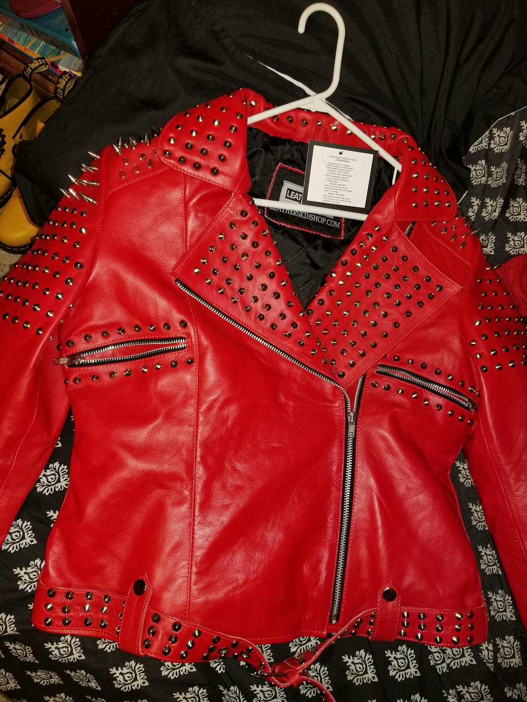 Women Red Leather Jacket with Cone and Tree Spike Studs - Leather Skin Shop
