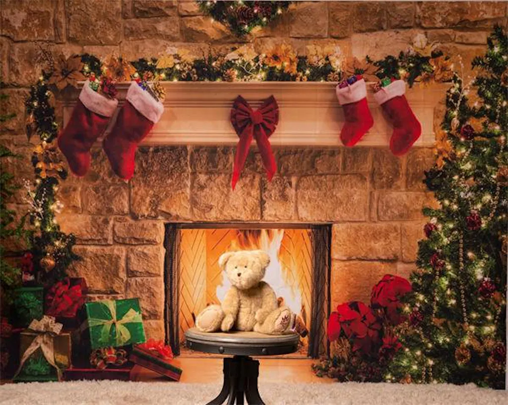 Lofaris Christmas stocking And Tree Brick Christmas Backdrop
