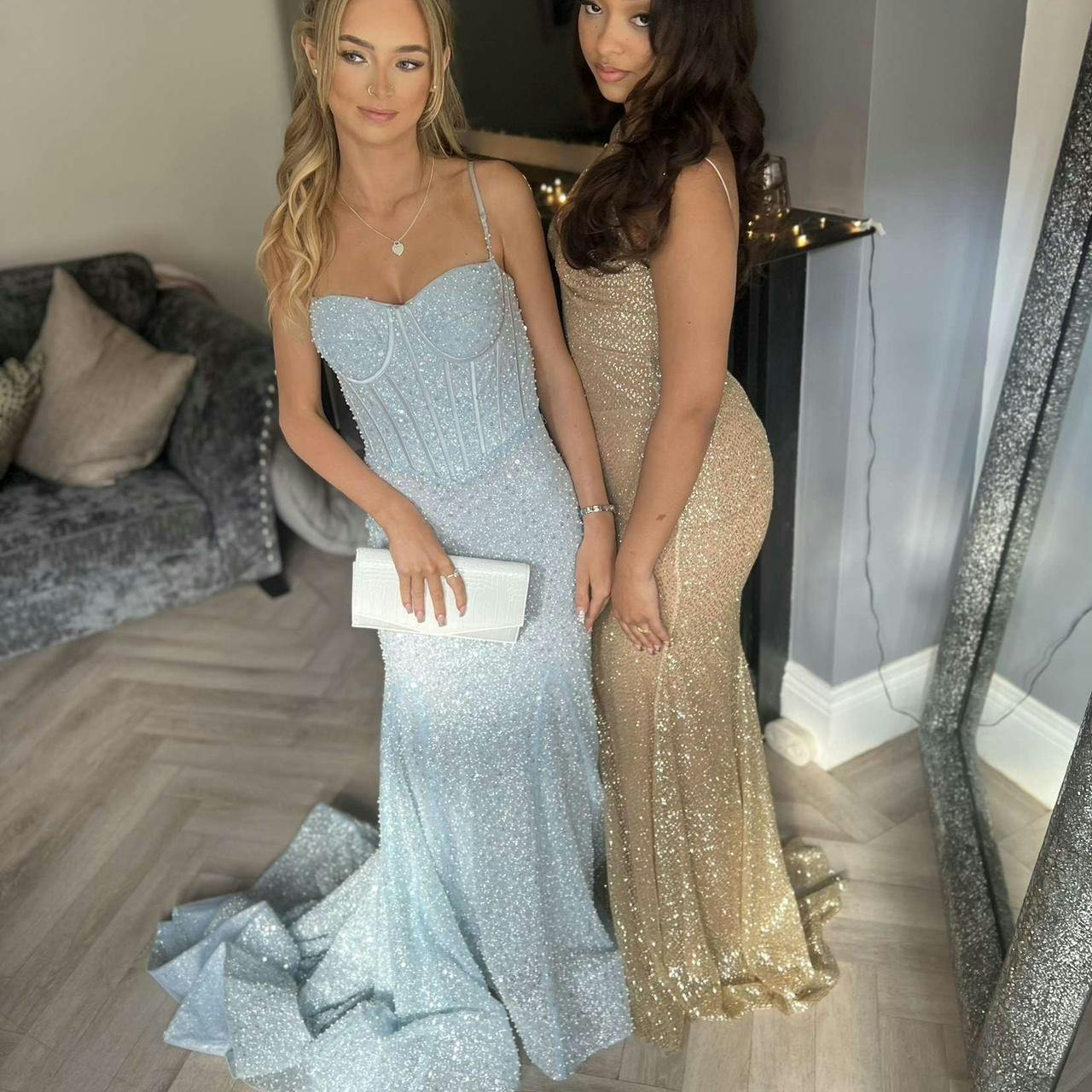 Luuvis Shiny Light Blue Mermaid Spaghetti Straps Long Beaded Prom Dress