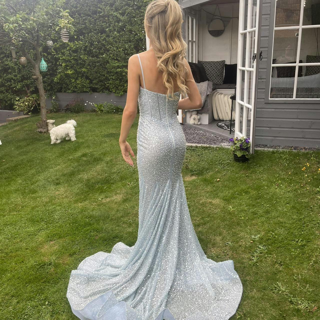 Luuvis Shiny Light Blue Mermaid Spaghetti Straps Long Beaded Prom Dress