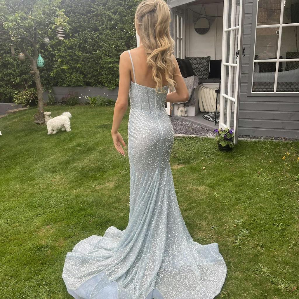 Luuvis Shiny Light Blue Mermaid Spaghetti Straps Long Beaded Prom Dress
