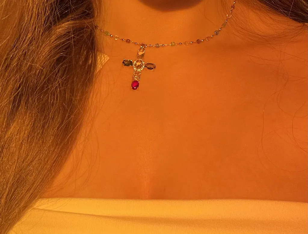 Geraldine Colorful Crystal Cross Golden Necklace – Maison Foufou