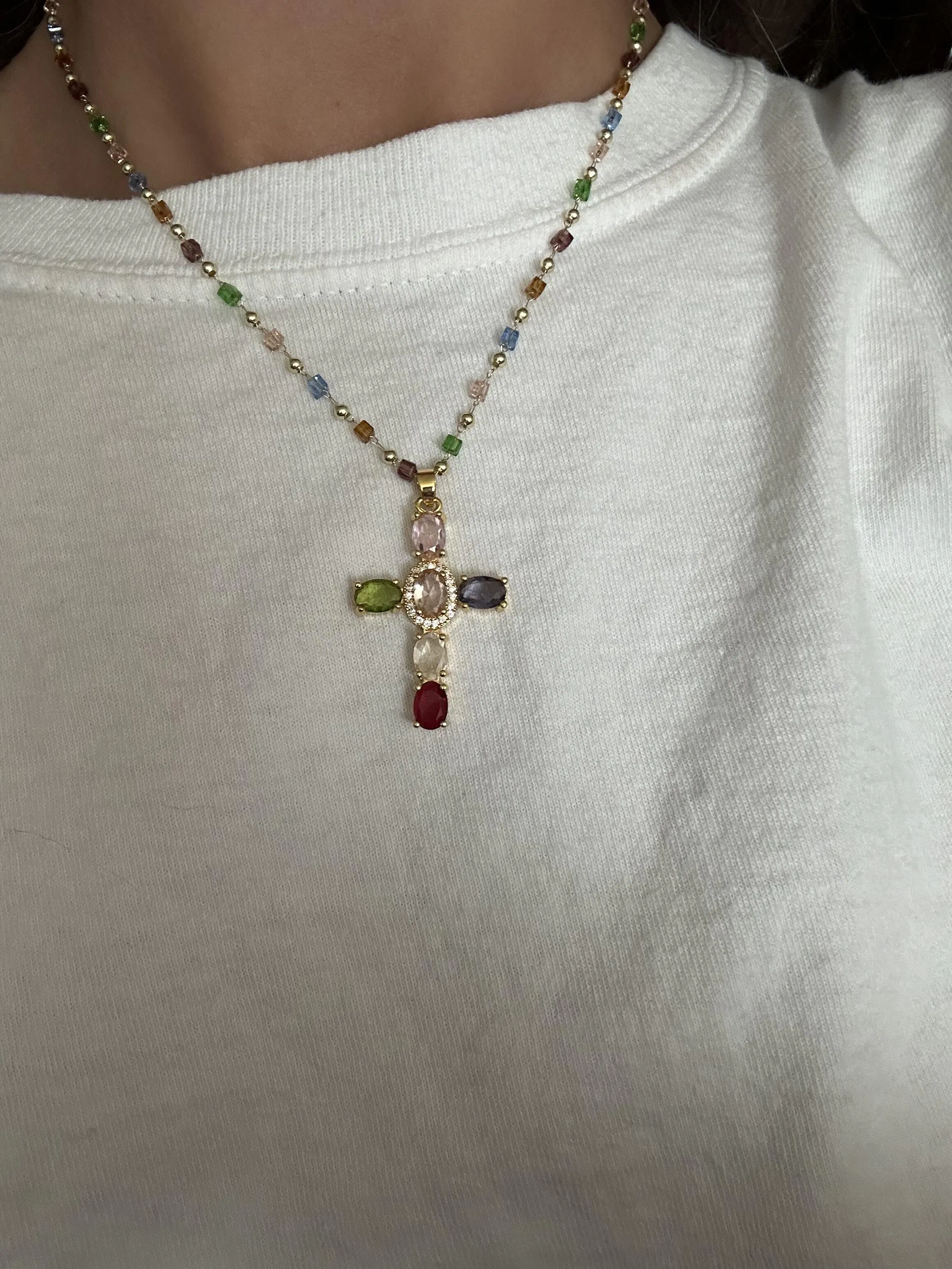 Geraldine Colorful Crystal Cross Golden Necklace – Maison Foufou