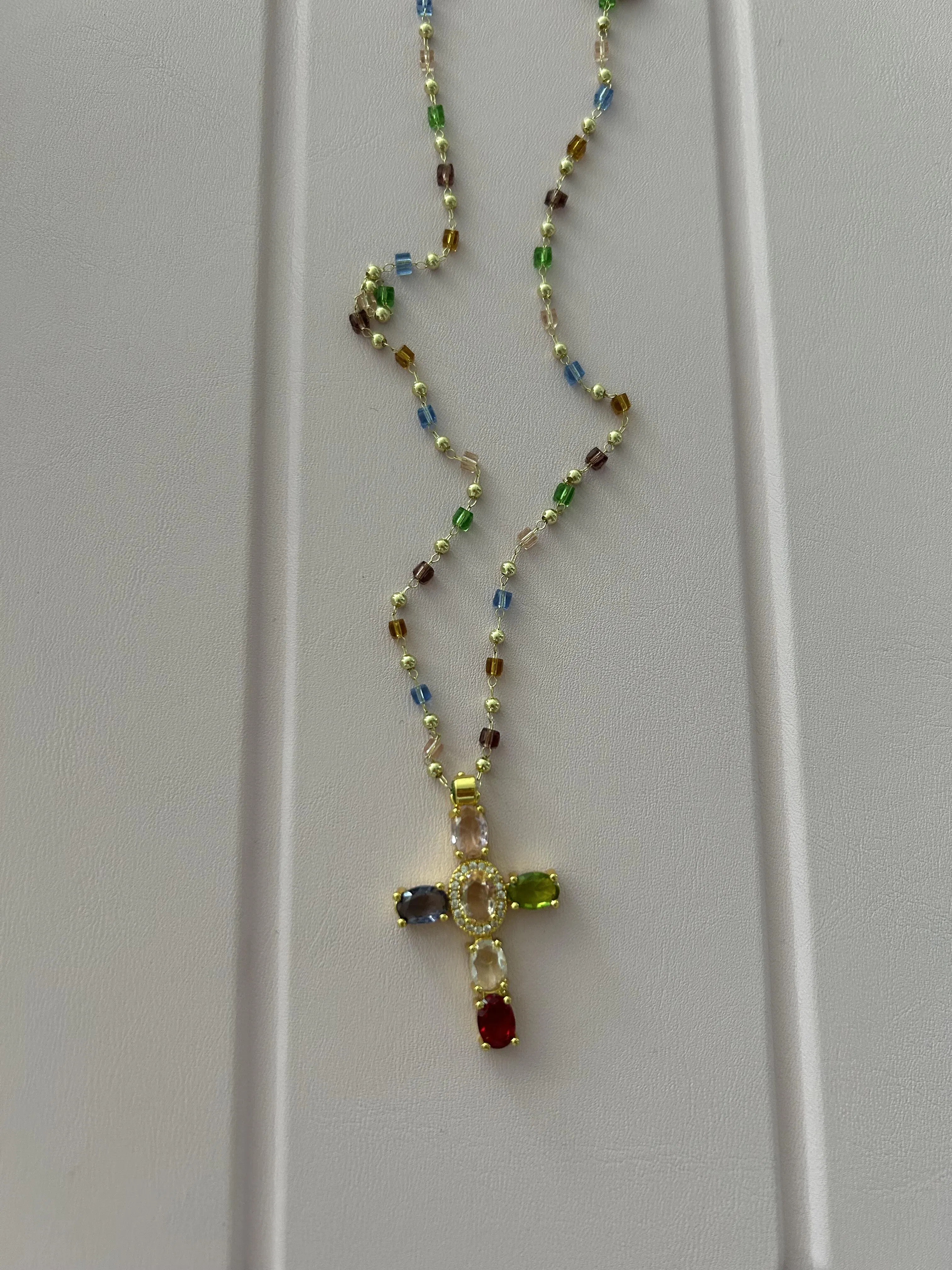 Geraldine Colorful Crystal Cross Golden Necklace – Maison Foufou