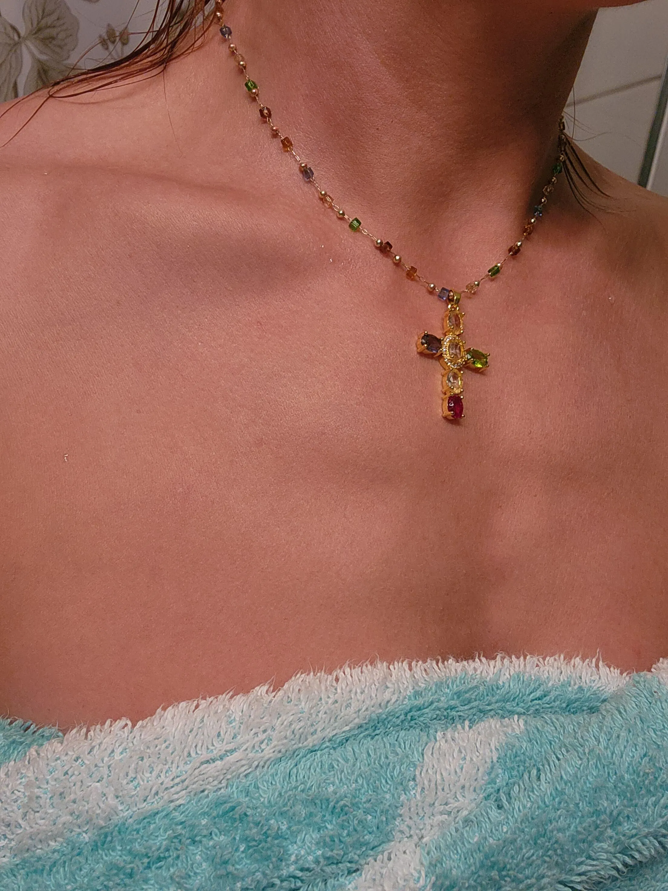 Geraldine Colorful Crystal Cross Golden Necklace – Maison Foufou