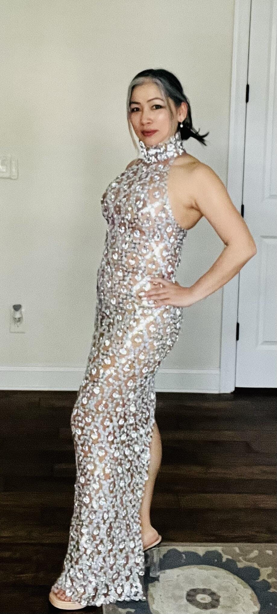 Liora Sequin Crystal Maxi Dress In Light Nude Mew Mews Fashion
