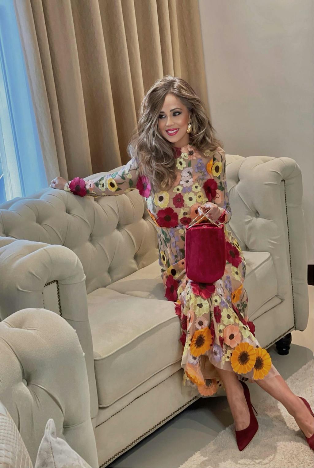 Saige Long Sleeve Mesh Flower Mermaid Dress In Blush – Mew Mews