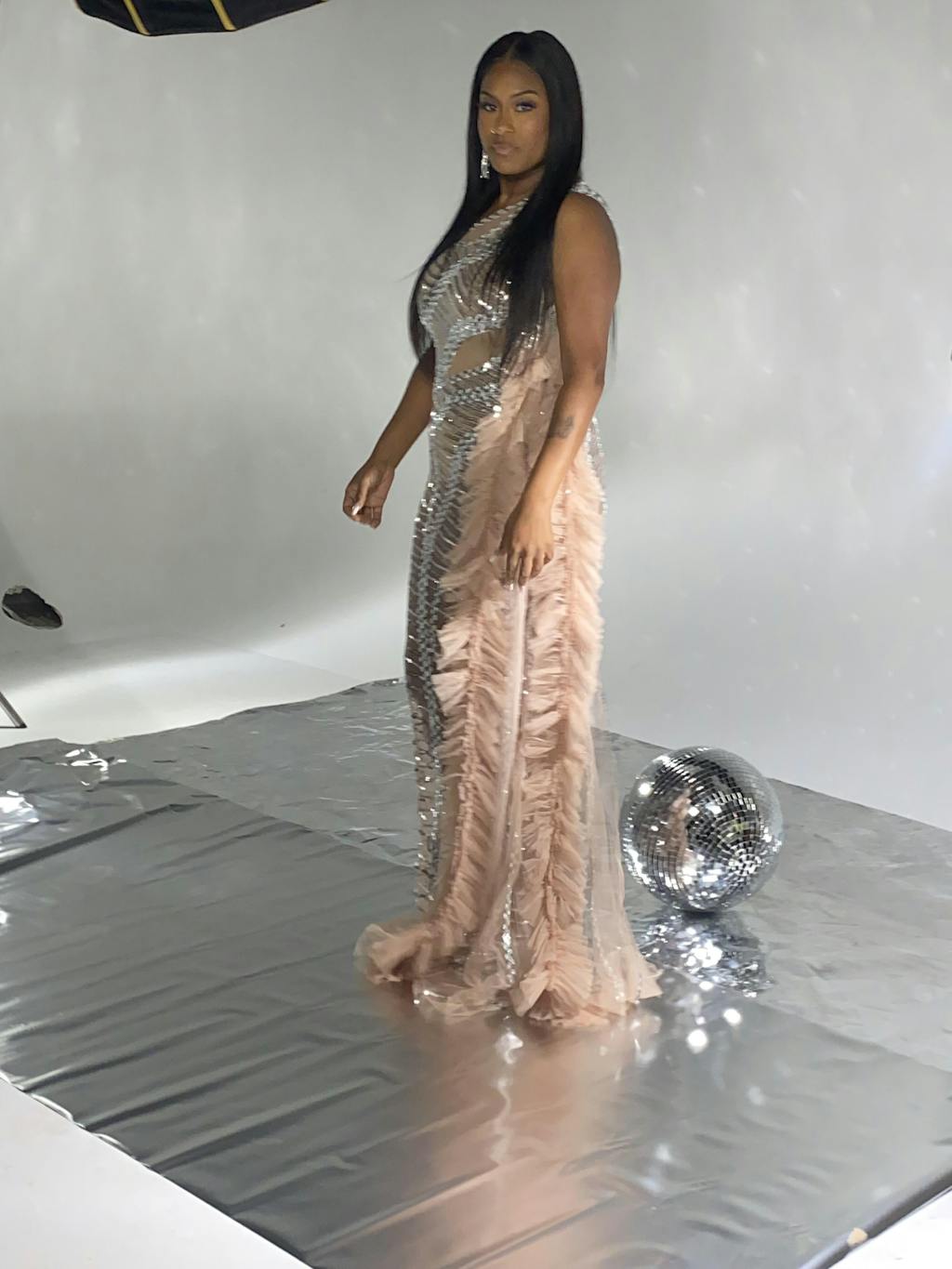 Lyda Draped Cutout Sequin Mesh Dress In Silver – Mew Mews