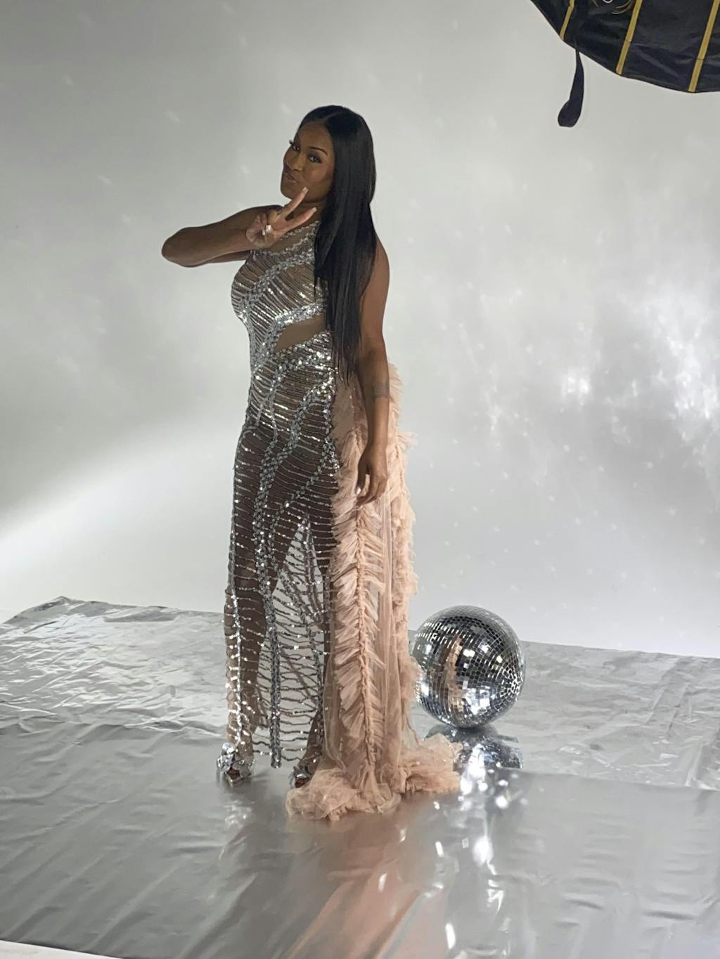 Lyda Draped Cutout Sequin Mesh Dress In Silver – Mew Mews